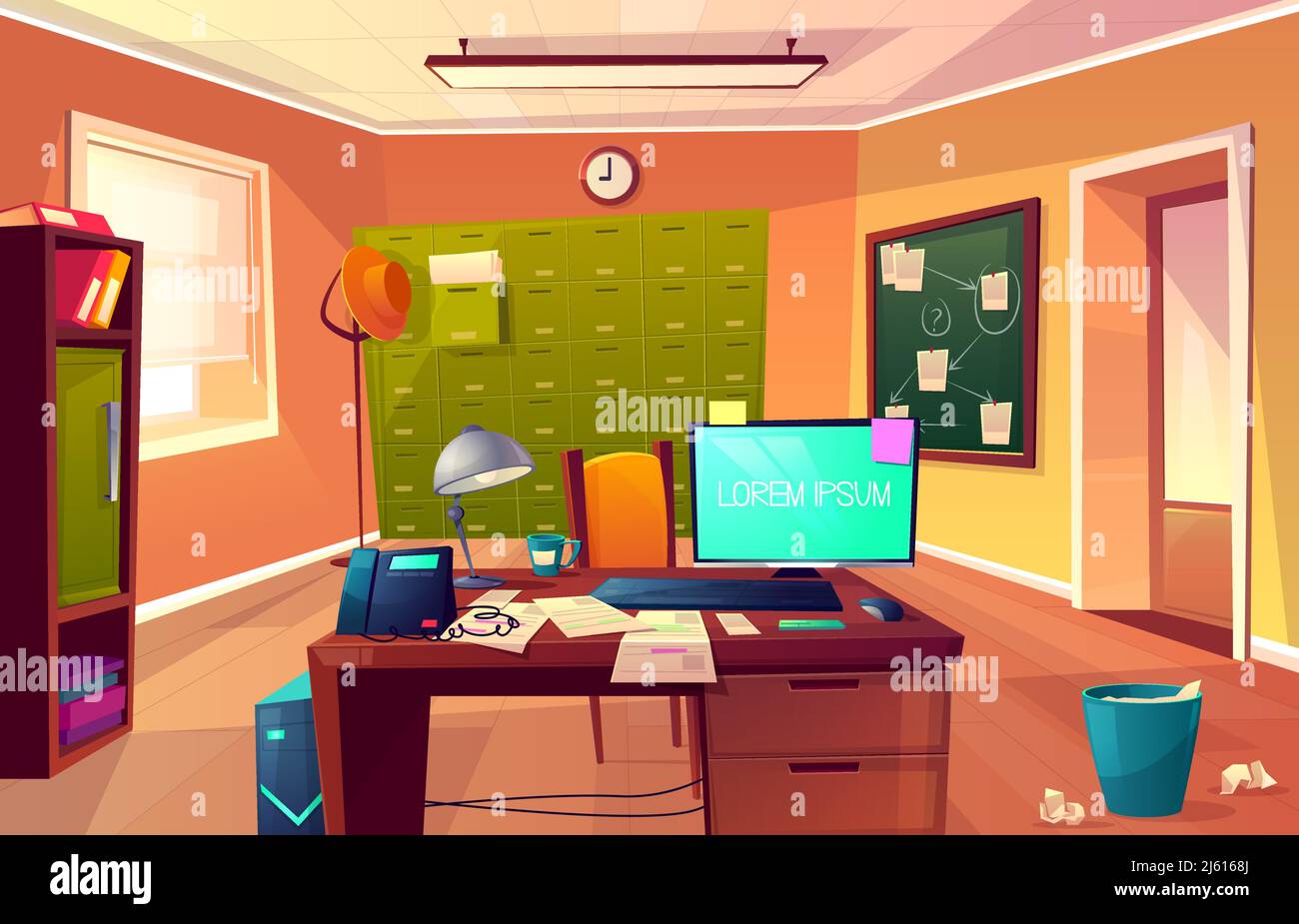 Vector cartoon background of workplace of private detective or ...