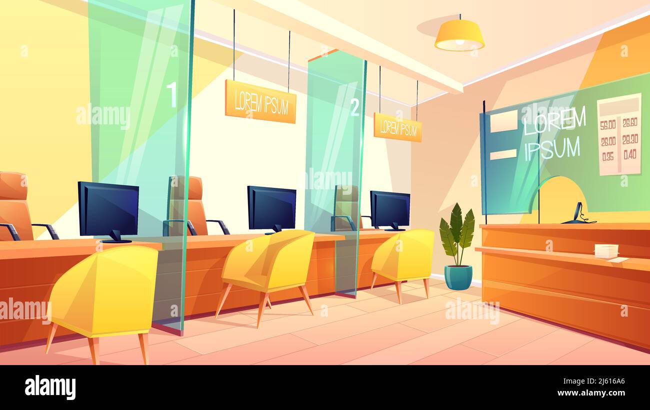Vector background of bank office, counters for managers and clients ...