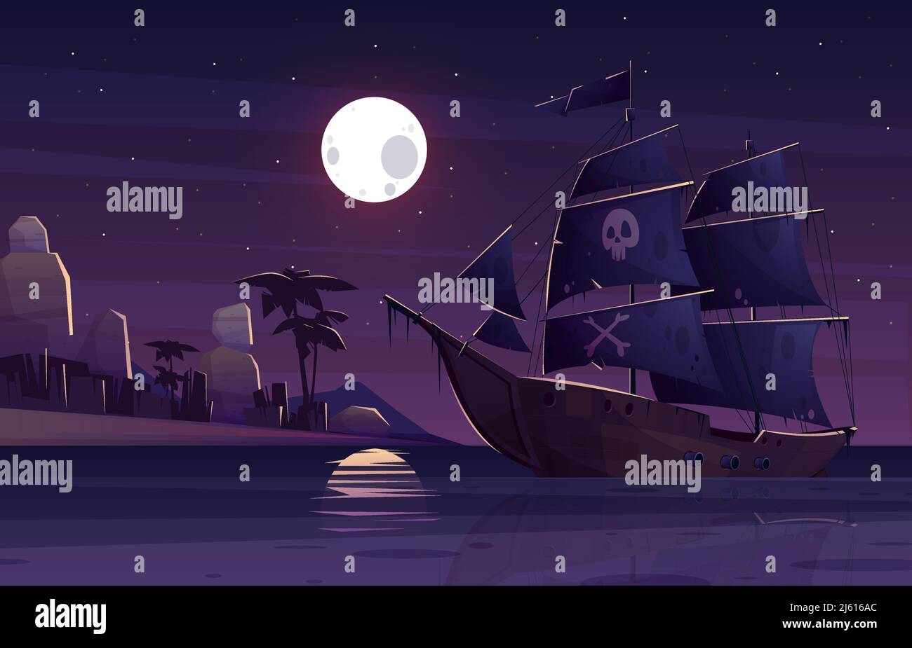 Pirate ship or galleon with human skull and crossed bones on black ...