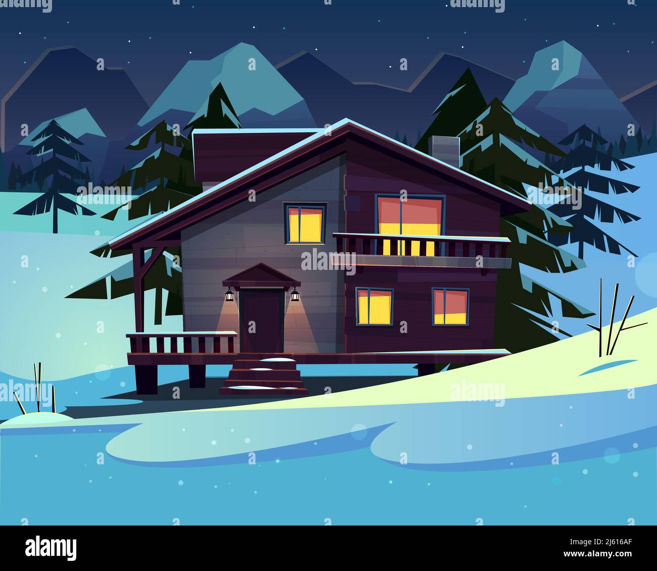 Vector cartoon background with a luxury hotel in snowy mountains at ...