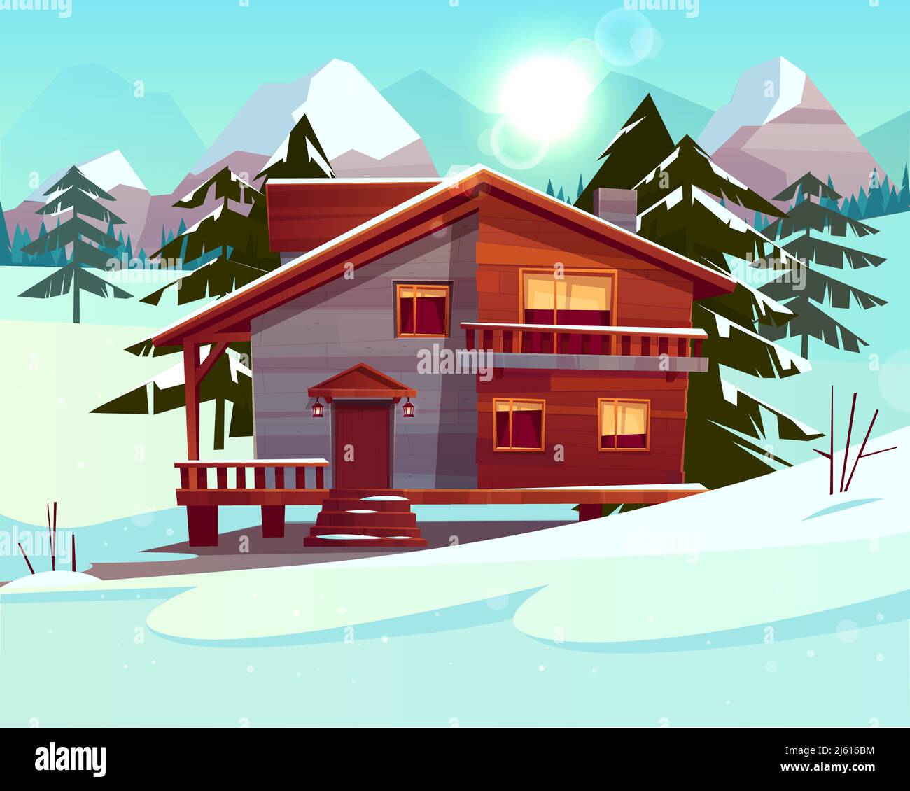 Vector cartoon background with a luxury hotel in snowy mountains, green ...