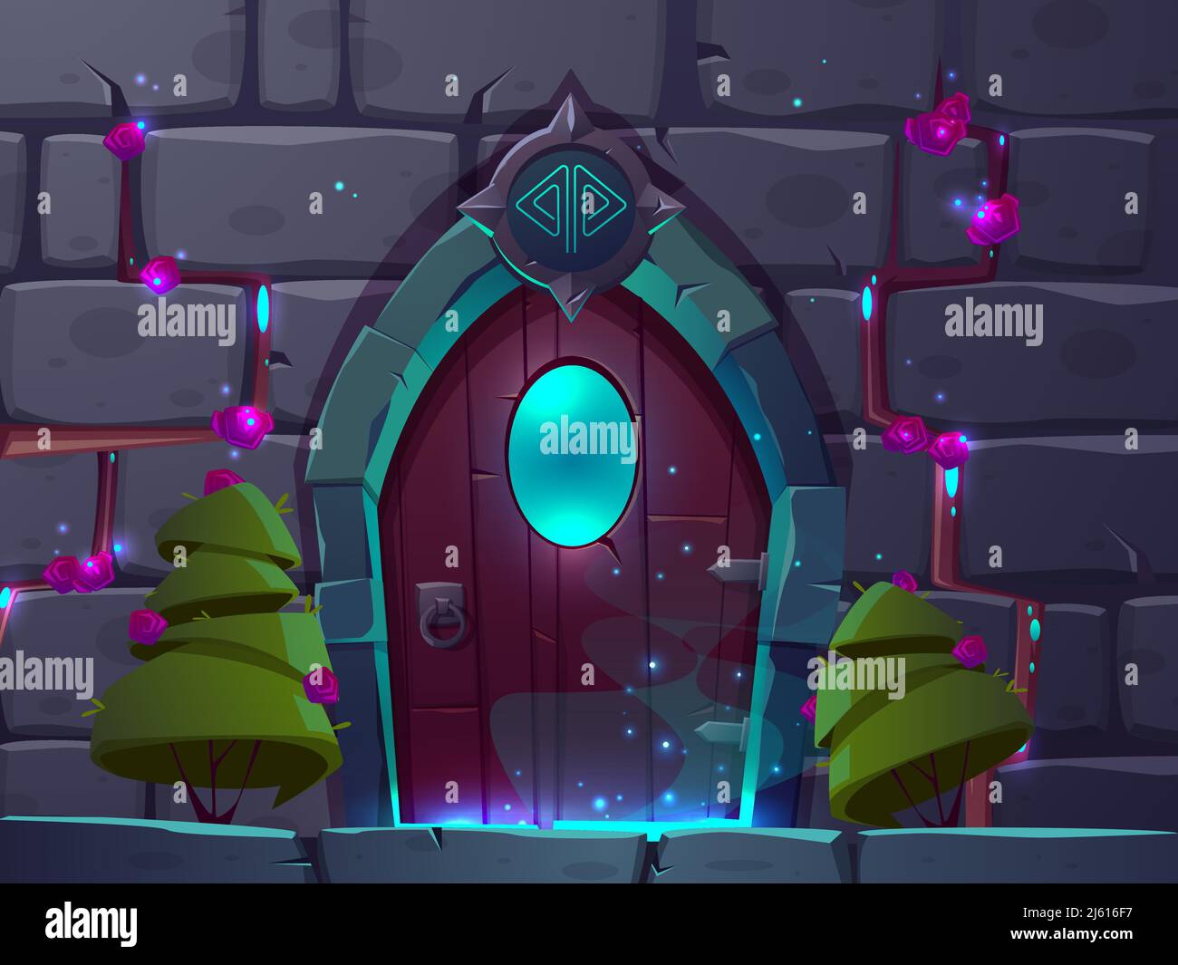 Vector cartoon background with wooden magic door with window. Brick ...