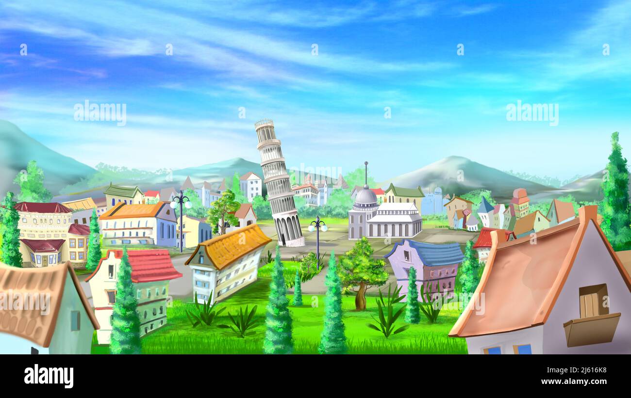 View of the Leaning Tower of Pisa in Italy. Digital Painting Background ...