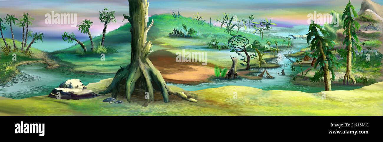 Primeval forest in the Mesozoic era. Digital Painting Background ...