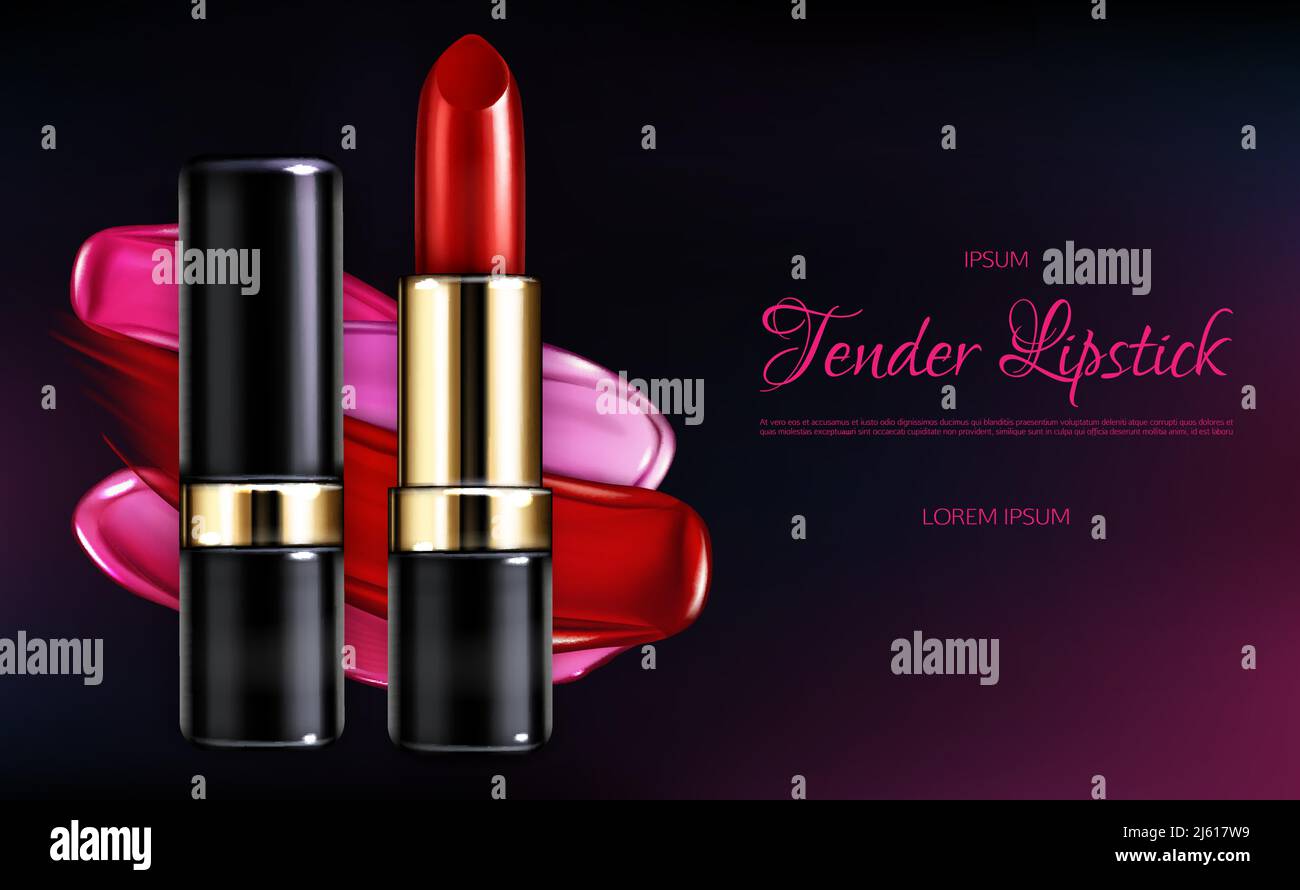 Tender lipstick line 3d realistic vector advertising banner with glossy ...