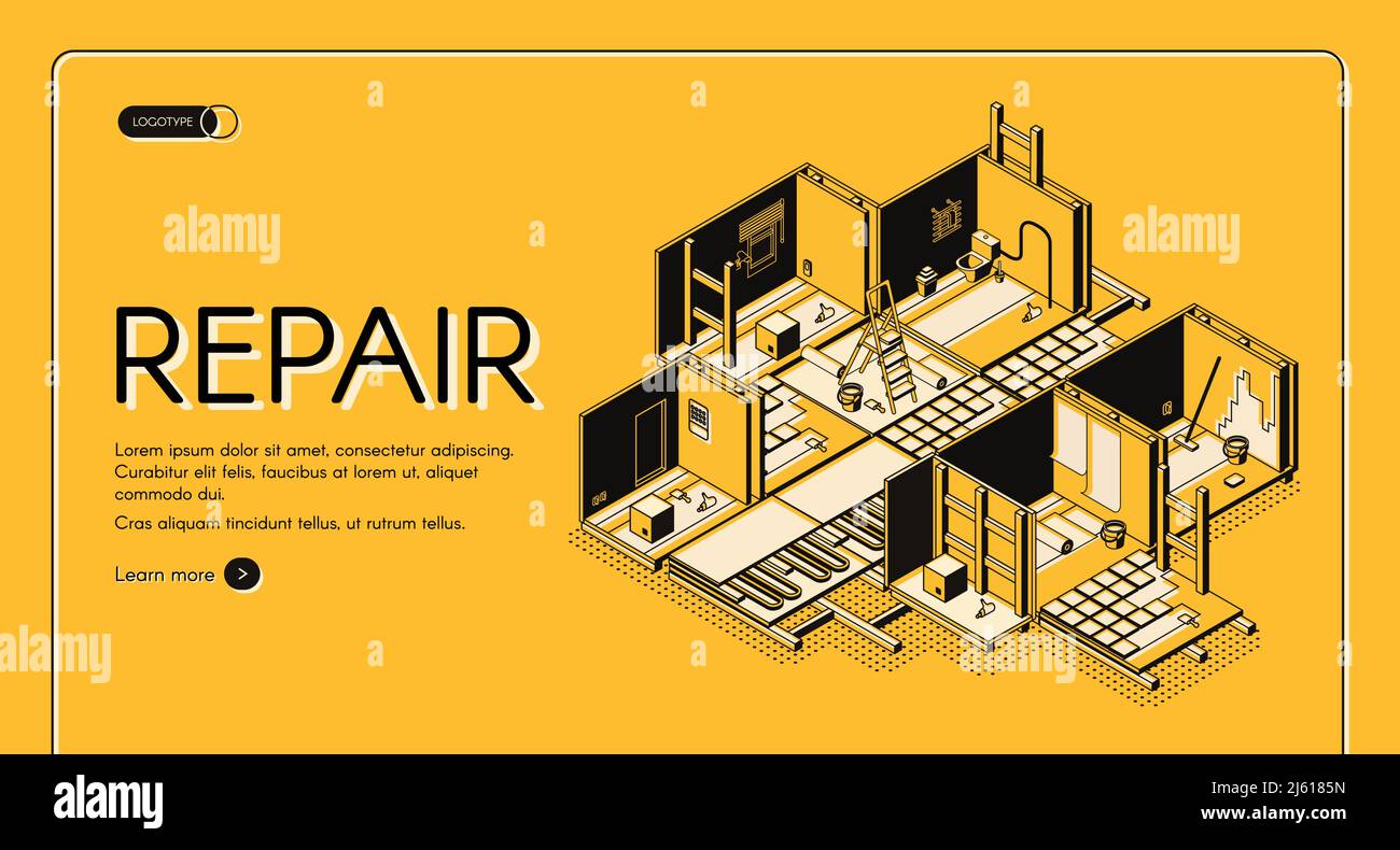 House repair service isometric vector web banner. Home building ...