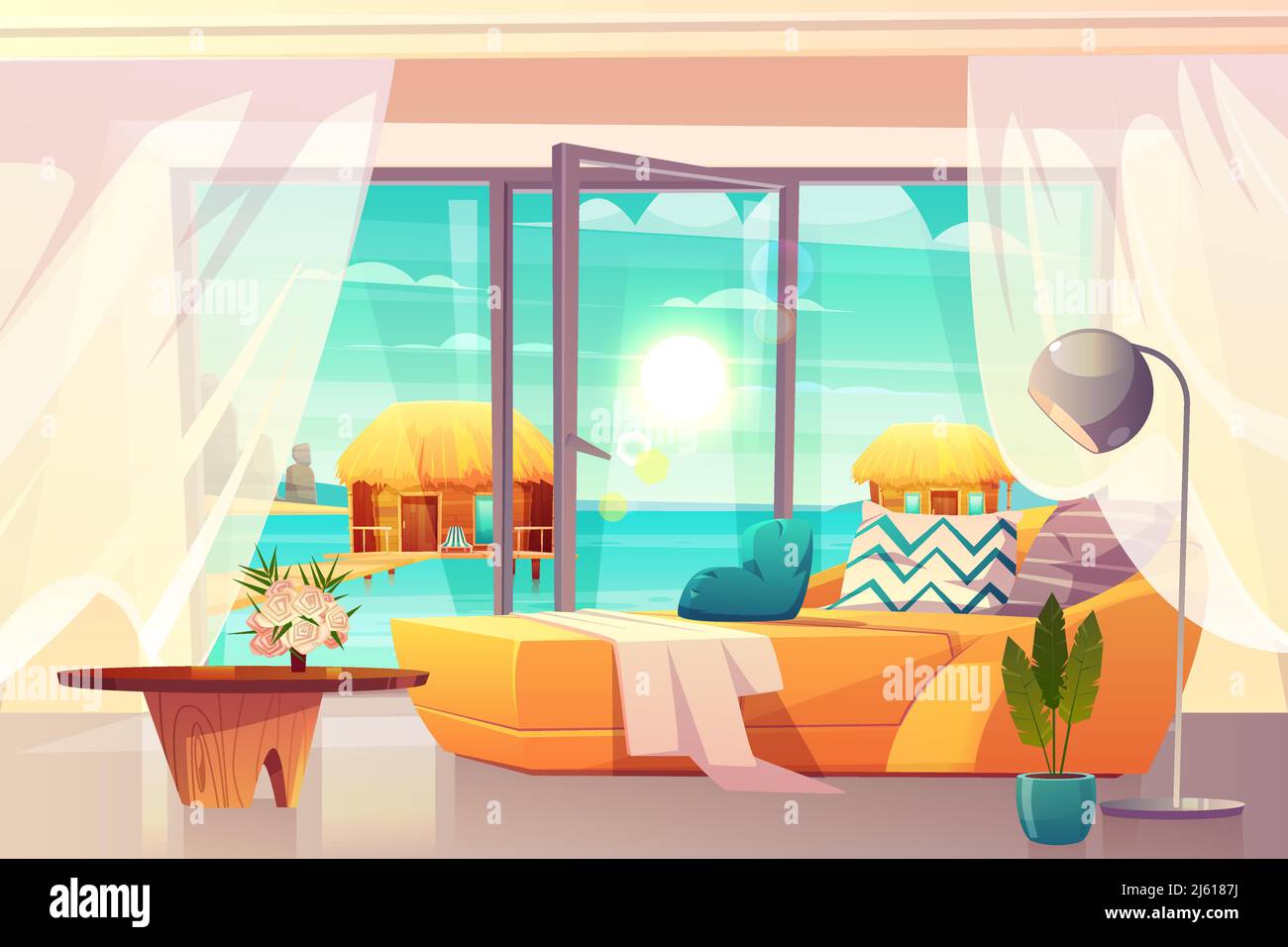 Tropical resort hotel room, luxury apartments on ocean shore interior ...