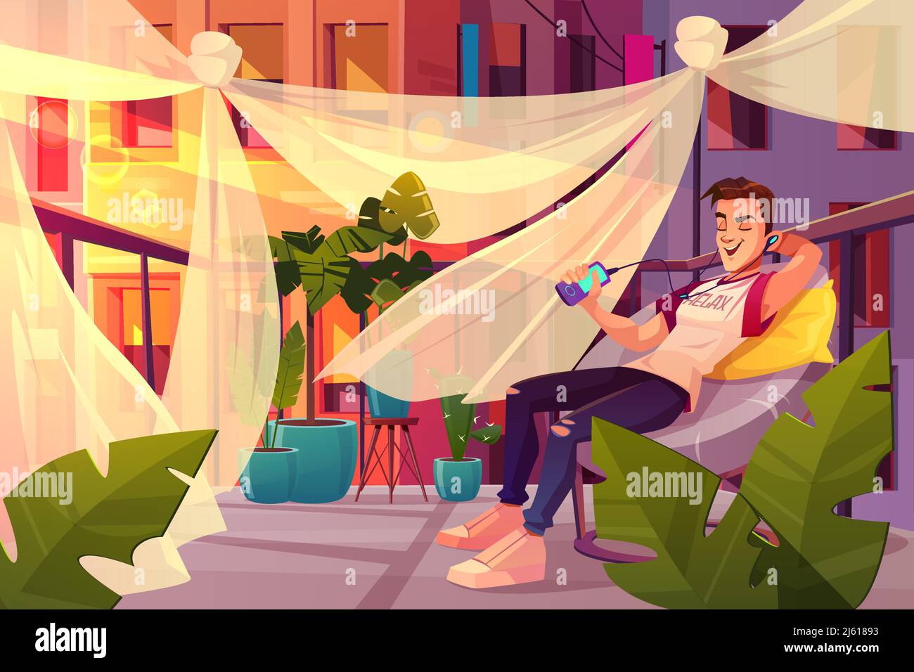 Relax and chill out in city bustle cartoon vector concept. Happy young ...