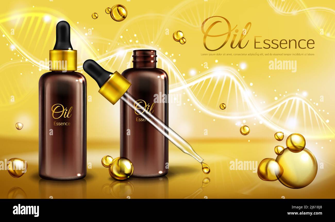 Oil essence in brown glass bottles with pipette and yellow liquid in ...