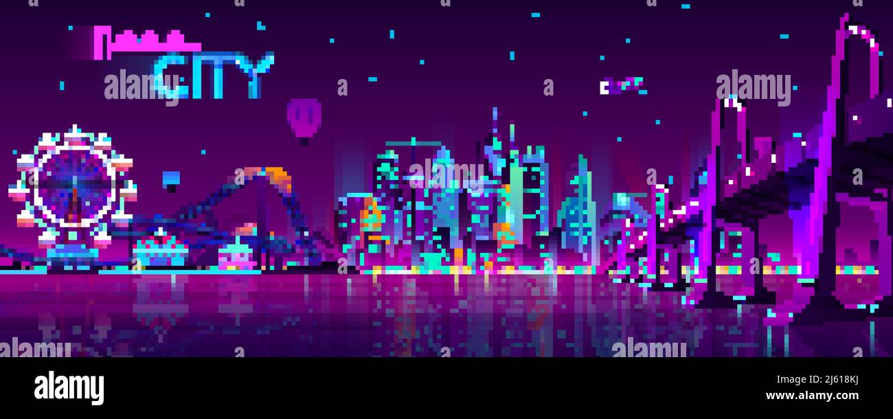 Vector big bridge to amusement park. Modern megapolis on river and Ferris wheel. Night ...