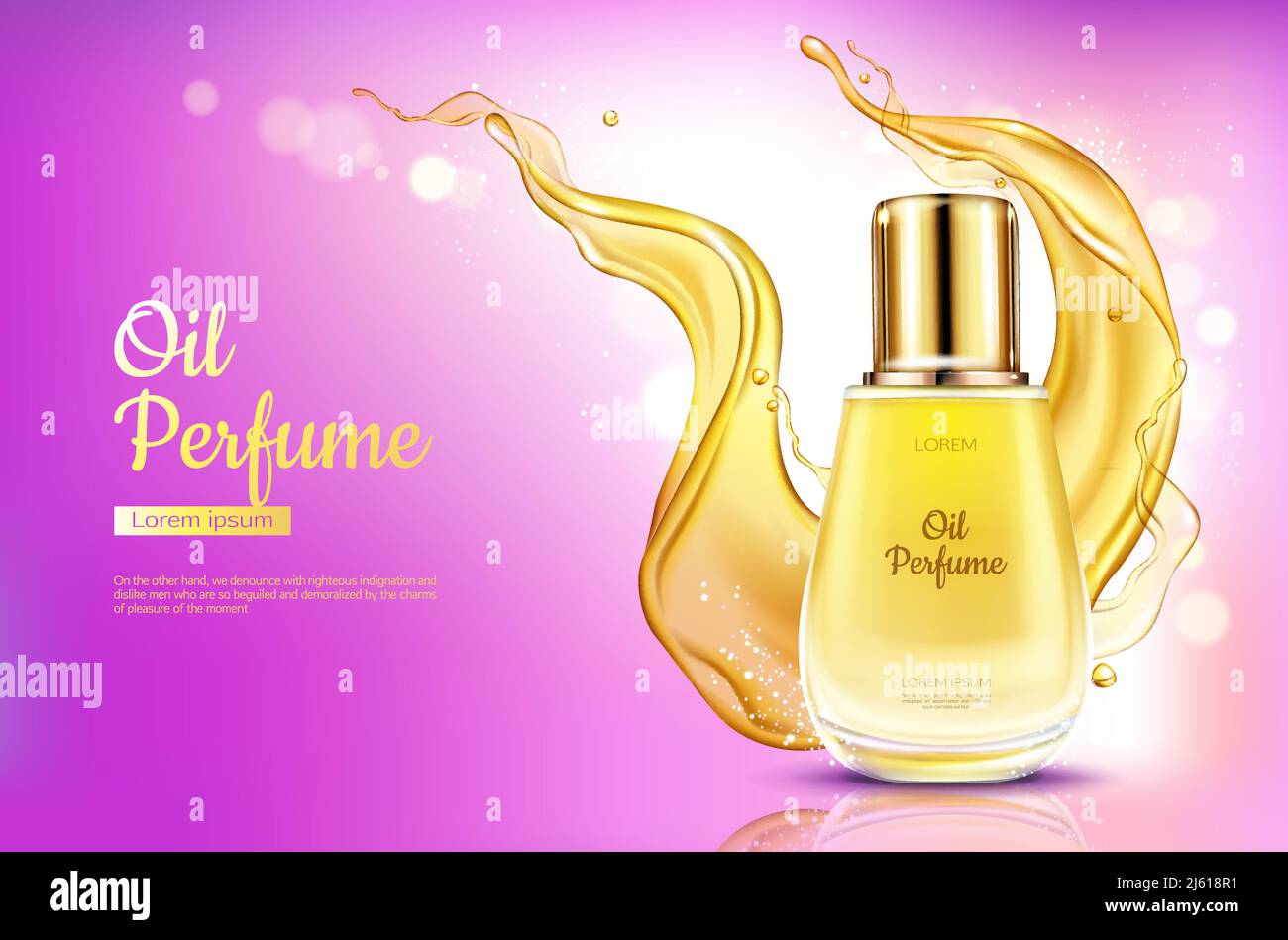 Oil perfume glass bottle with yellow liquid splash on pink gradient ...