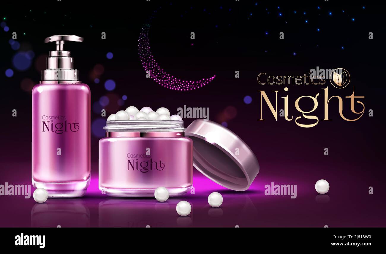 Womens skincare night cosmetics line products realistic vector ad ...