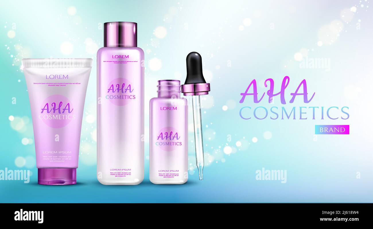 Aha cosmetics line on blue gradient background with sparkles. New ...