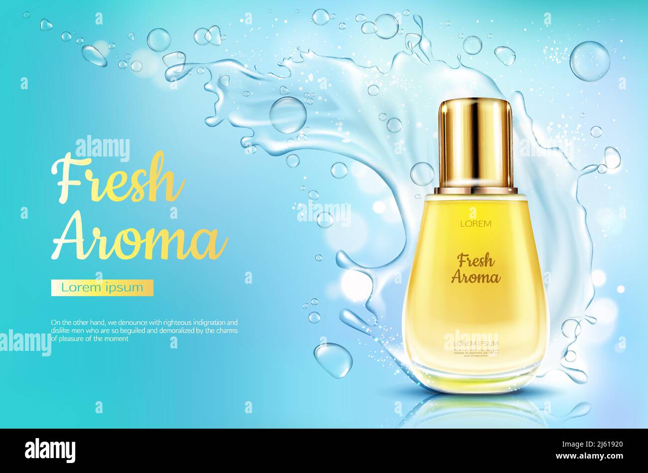 Perfume fresh aroma in glass bottle with water splash on blue blurred ...
