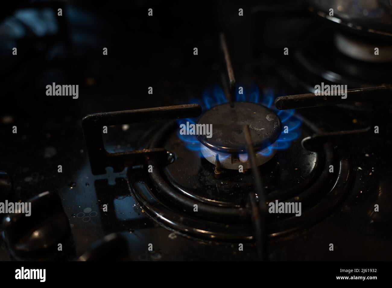 Closeup shot of blue fire from domestic kitchen stove top. Gas cooker ...