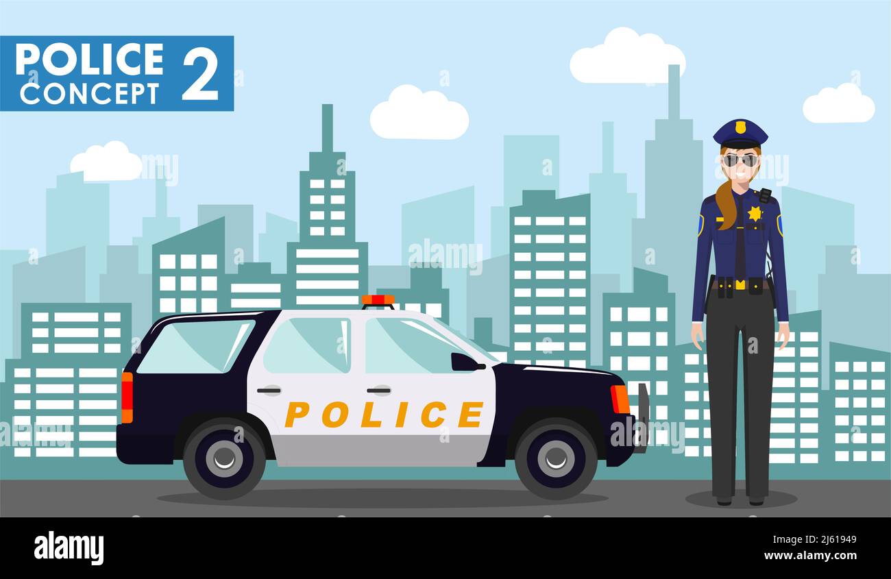 Police concept. Detailed illustration of police officer and police car ...