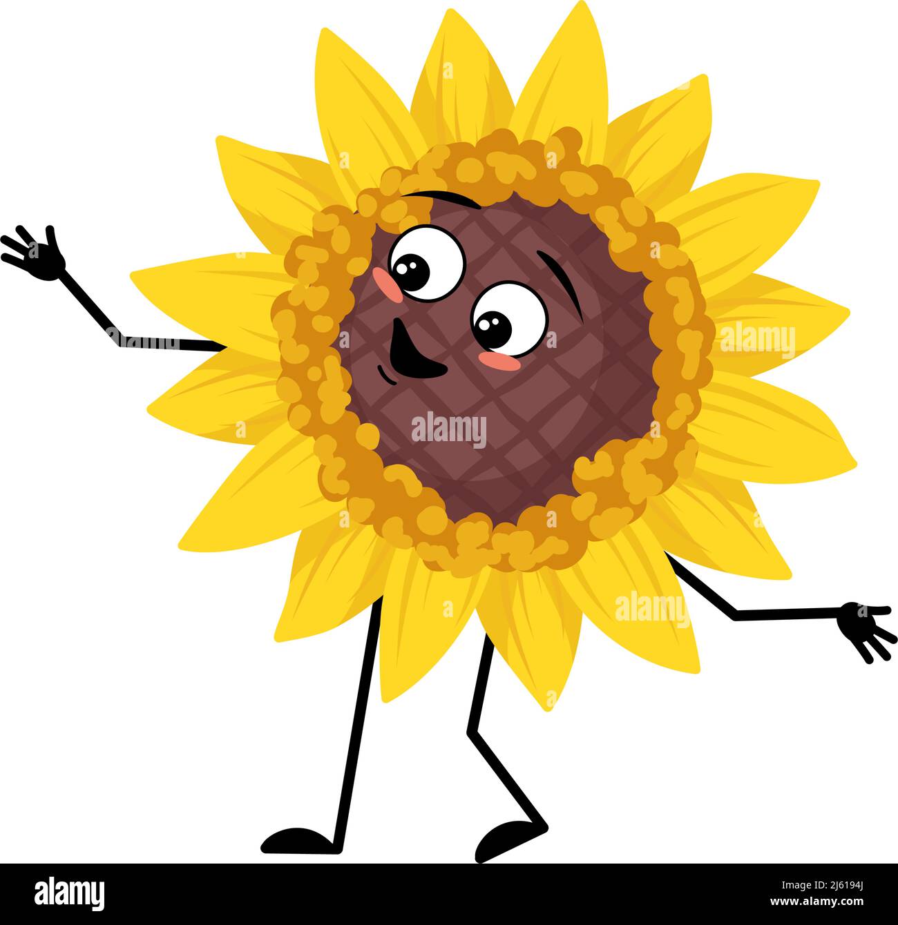 Sunflower character with happy emotion, joyful face, smile eyes, arms ...