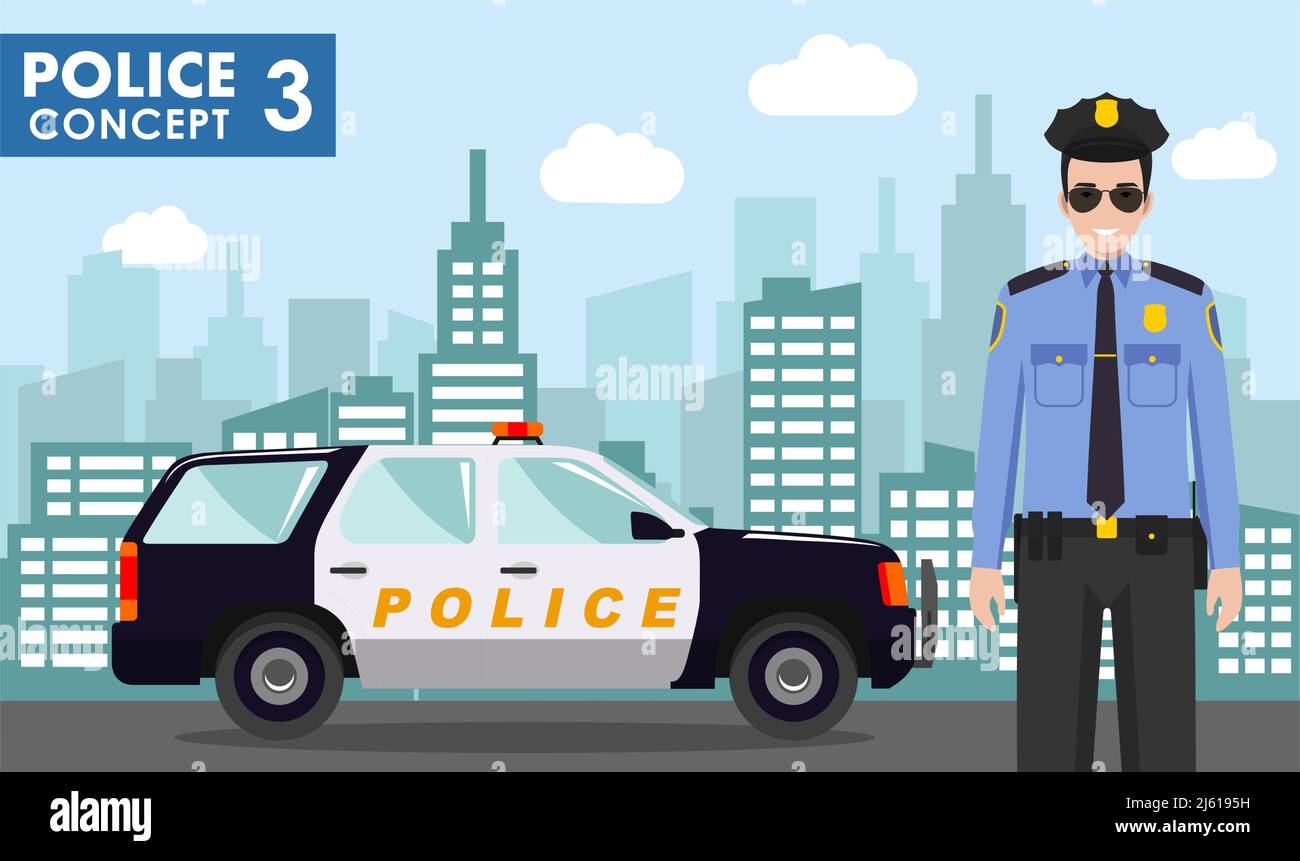 Police concept. Detailed illustration of police officer and police car ...