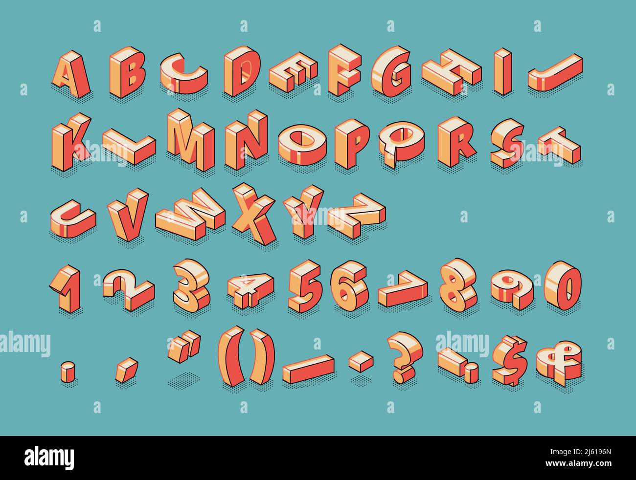 Isometric Alphabet Numbers And Punctuation Marks Standing And Lying In