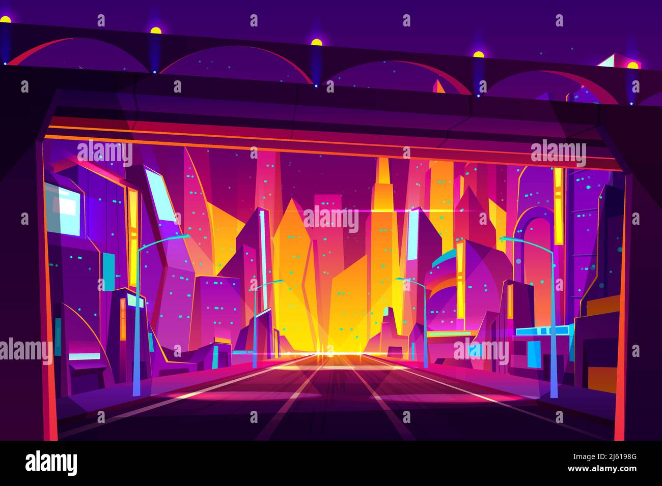 Modern metropolis night street cartoon vector. Futuristic architecture ...