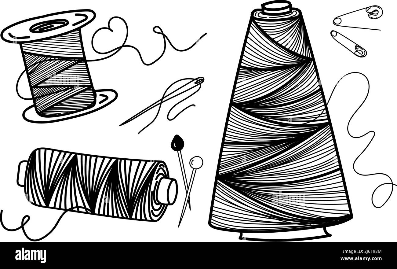 Set of sewing threads, hand-drawn doodle in sketch style. Cross winding ...