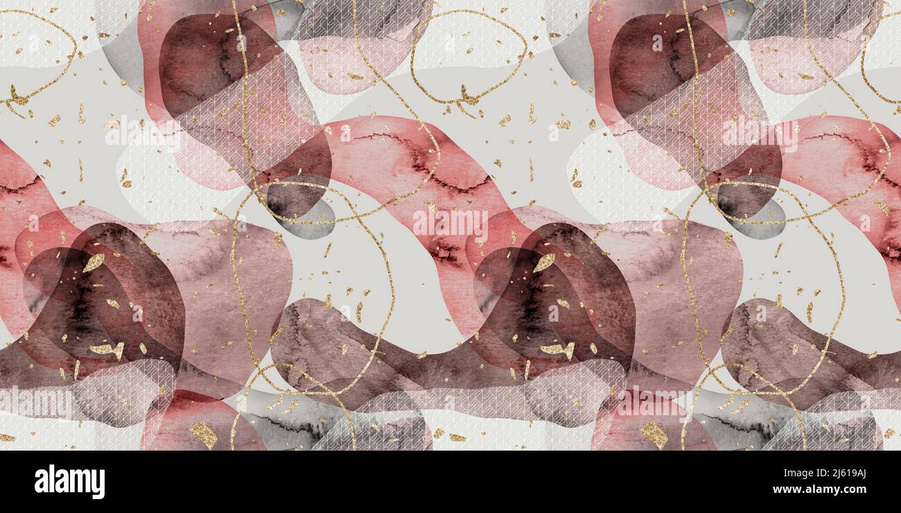 Seamless watercolor abstract organic blob shape overlay with gold lines ...