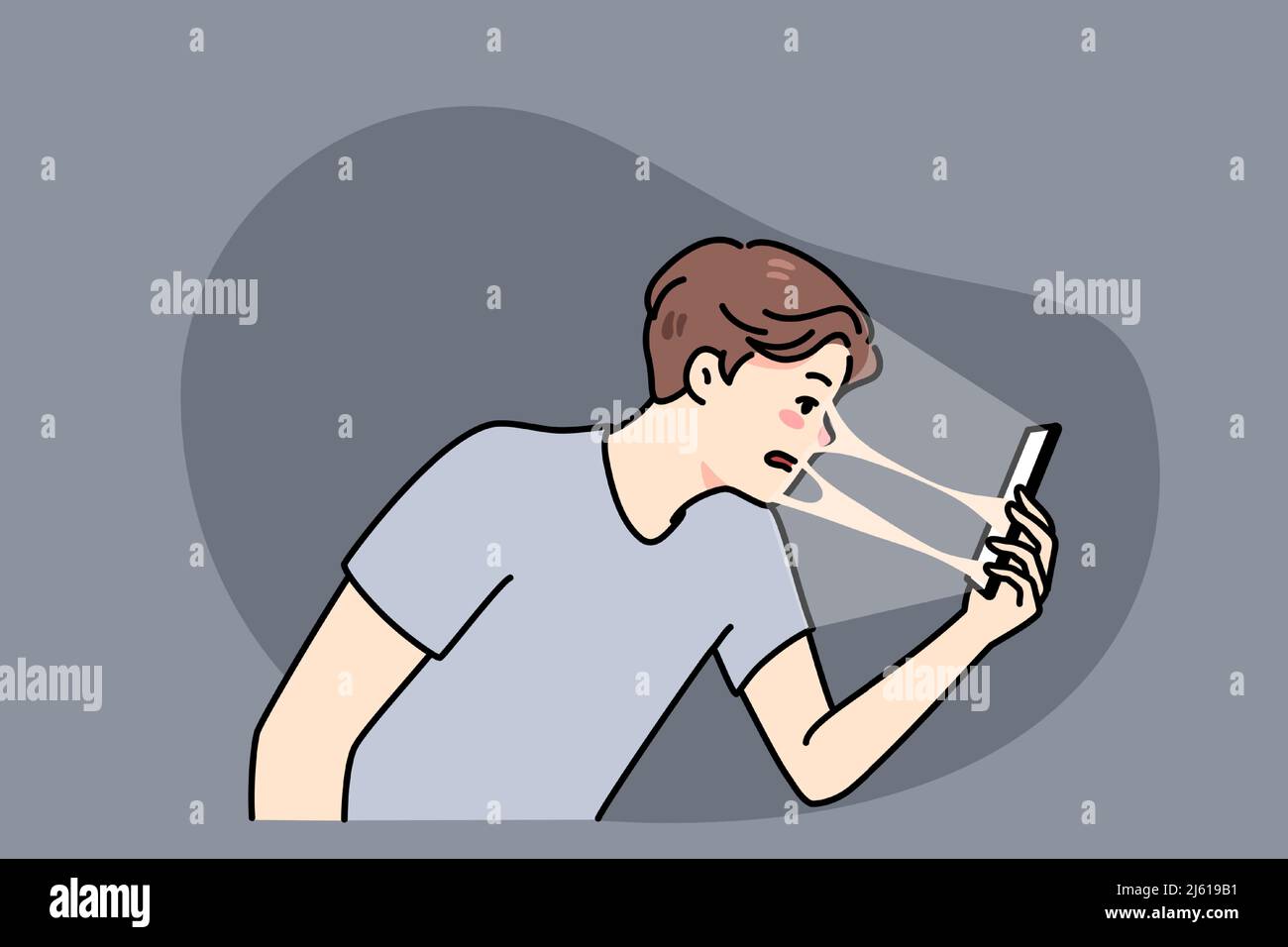 Young guy connected sealed to smartphone suffer from technology ...