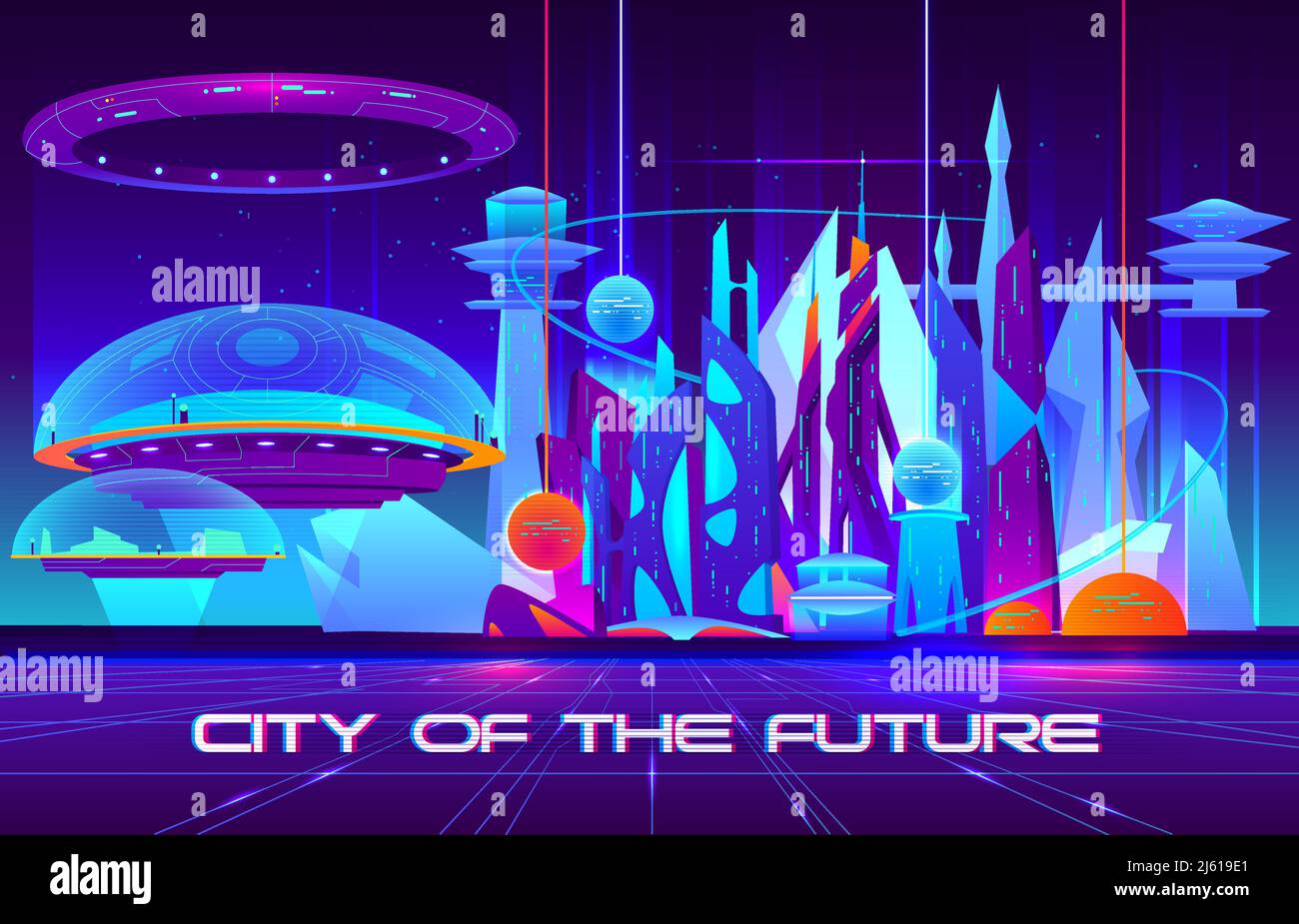 City of future cartoon vector banner. Futuristic architecture ...