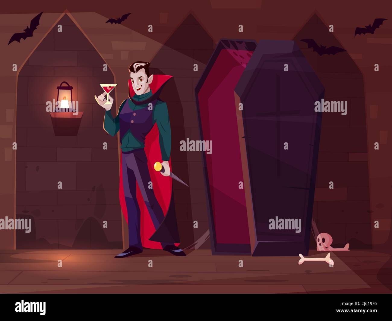 Smiling vampire, count Dracula standing with glass of blood near opened ...