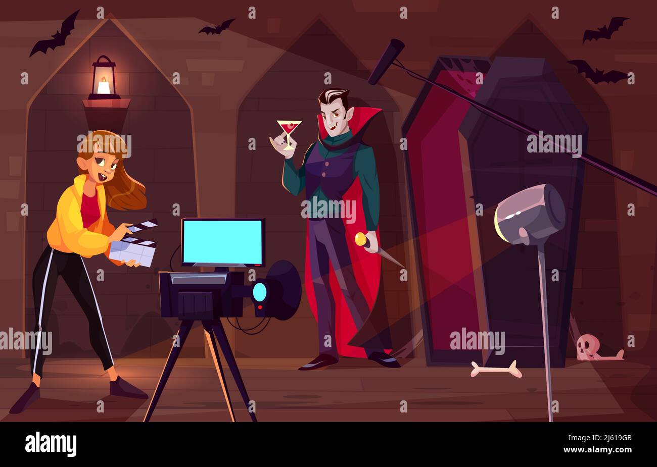 Filming movie or clip about count Dracula cartoon vector concept. Actor ...