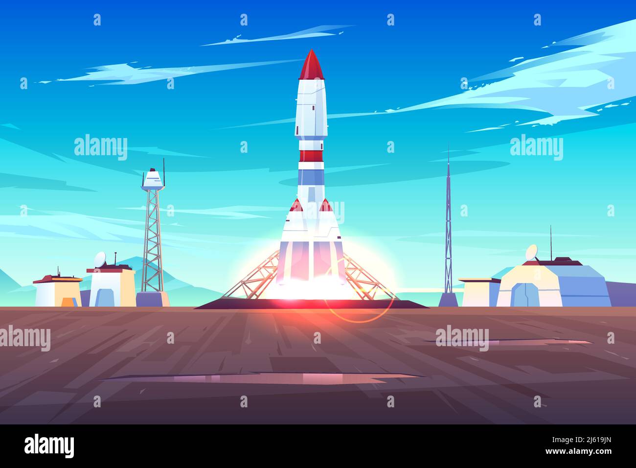 Spaceship start, heavy rocket carrier taking-off, launching satellite ...
