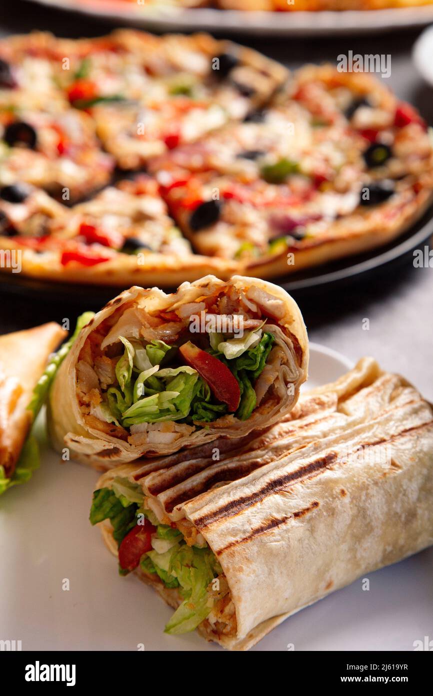 beef chicken doner, food shot, wrapper doner Stock Photo - Alamy