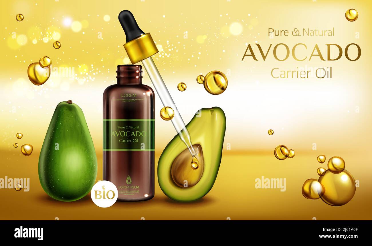 Avocado cosmetics oil. Organic beauty product bottle with pipette ...