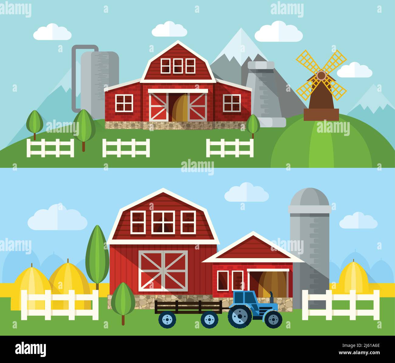 Farm buildings and hangars flat horizontal banner set isolated vector ...