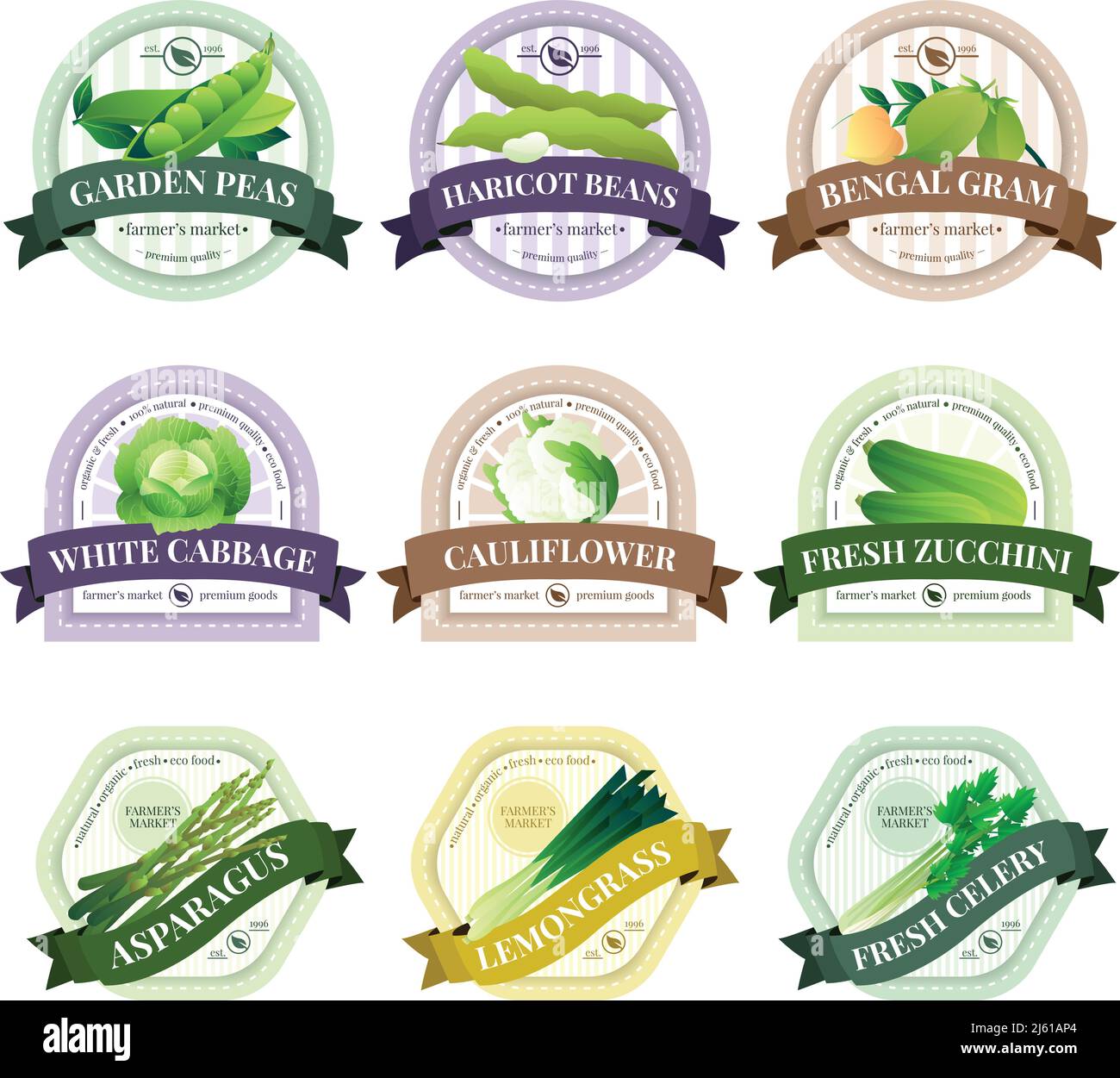 Organically grown fresh ecological vegetables emblems labels set farmer ...