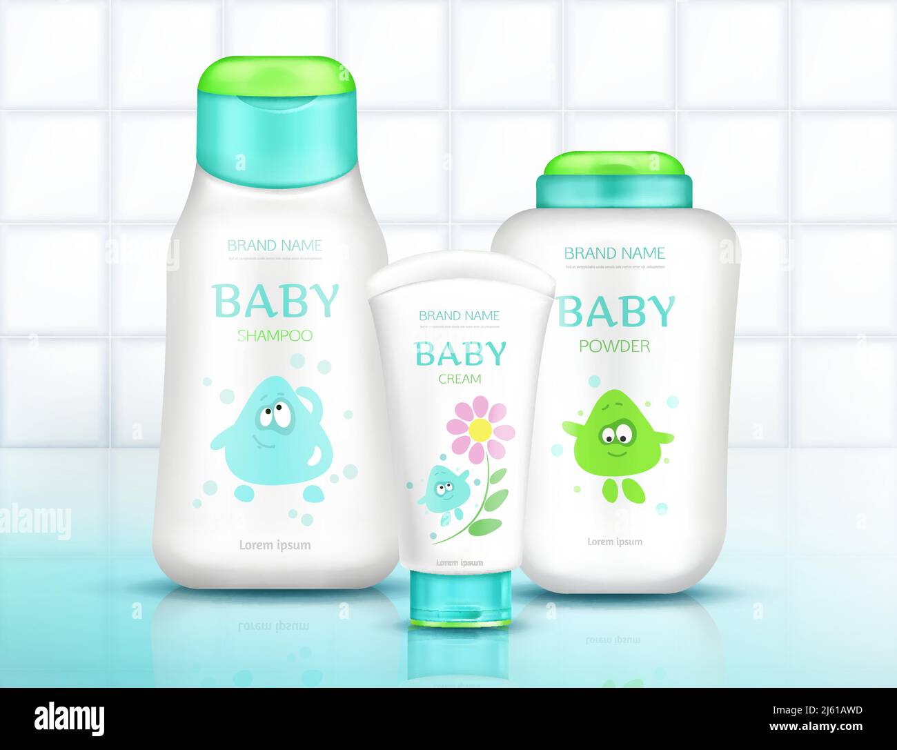 Baby cosmetics bottles with kids design, plastic packages mock up of ...