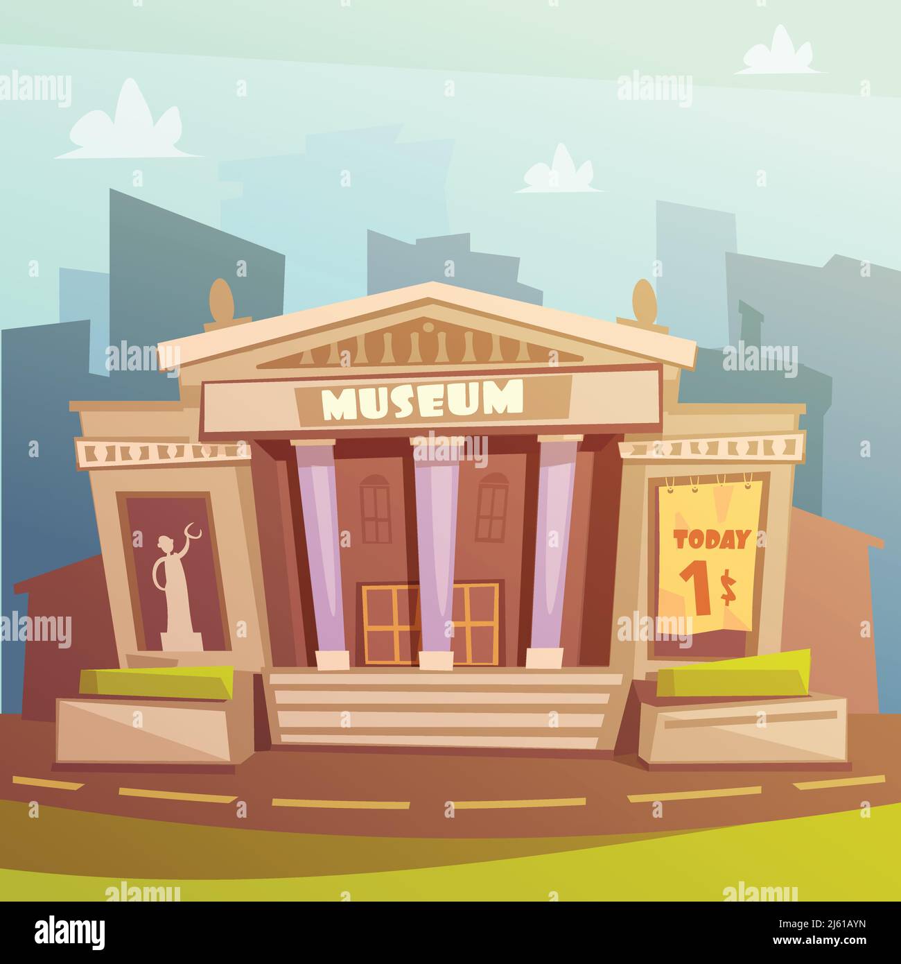 Color cartoon illustration depicting museum building with title and ...
