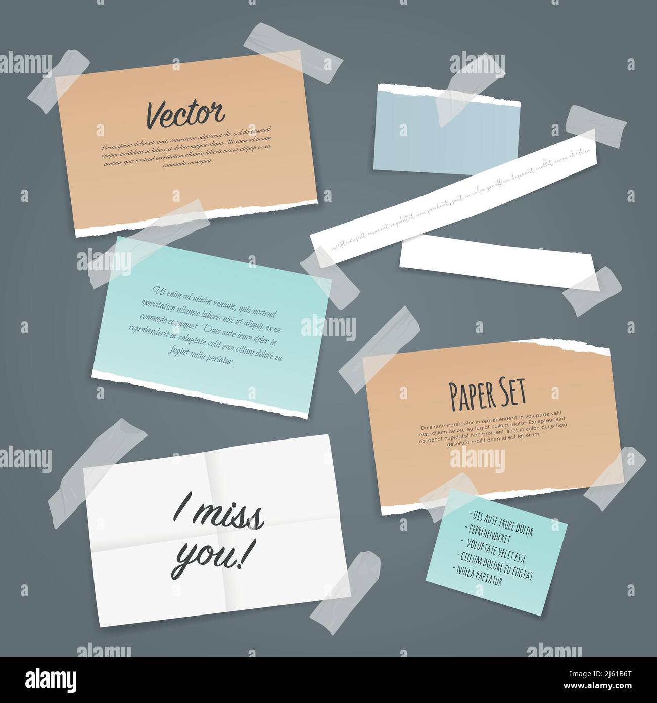 Paper set of different scraps of paper stuck by sticky tape on pale ...