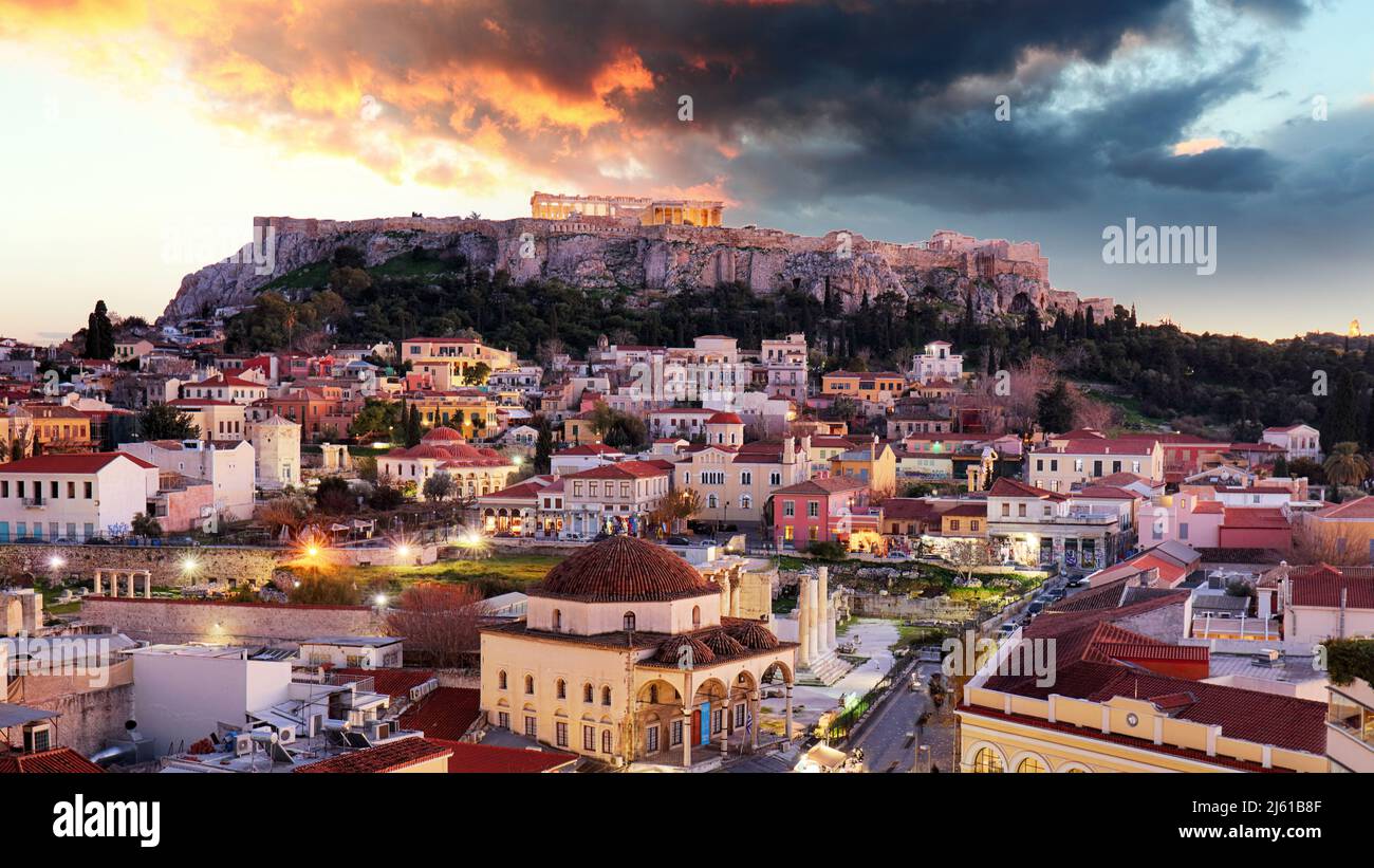 Athens and the Parthenon Temple of Acropolis during sunrise, Greece ...