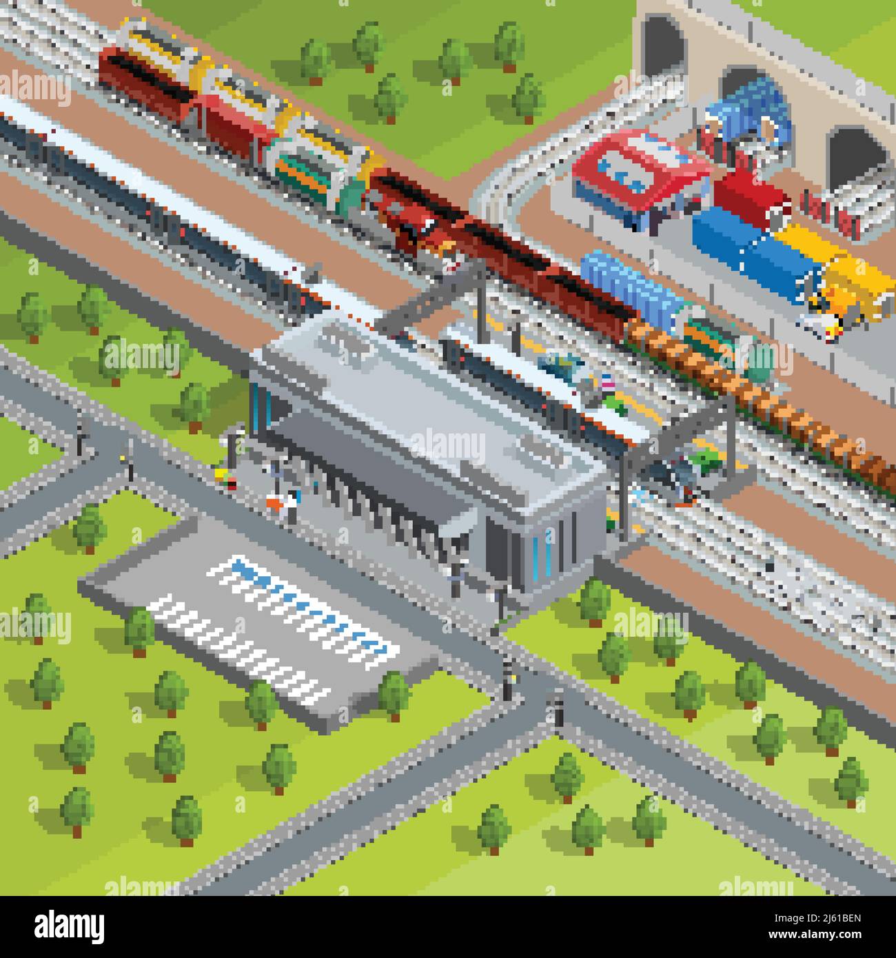Modern suburban railway station with passing passenger trains goods ...