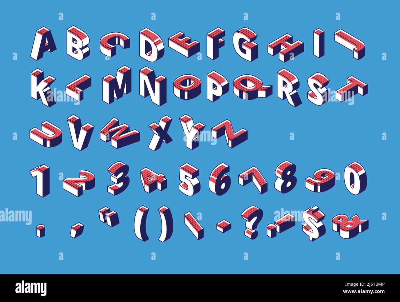 Isometric alphabet, numbers and punctuation with halftone dotted ...