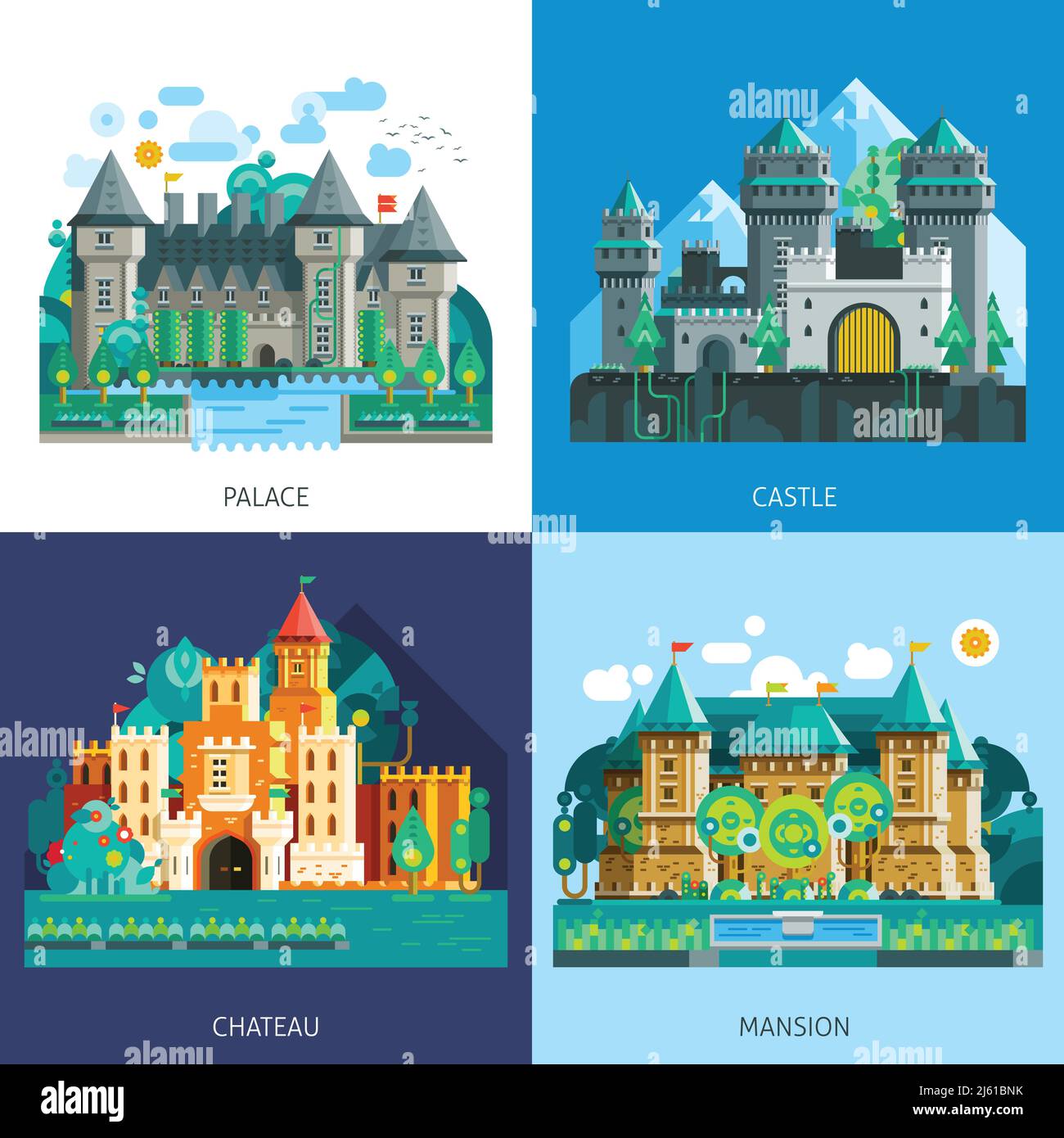 Medieval castles set of various buildings construction in colorful flat ...