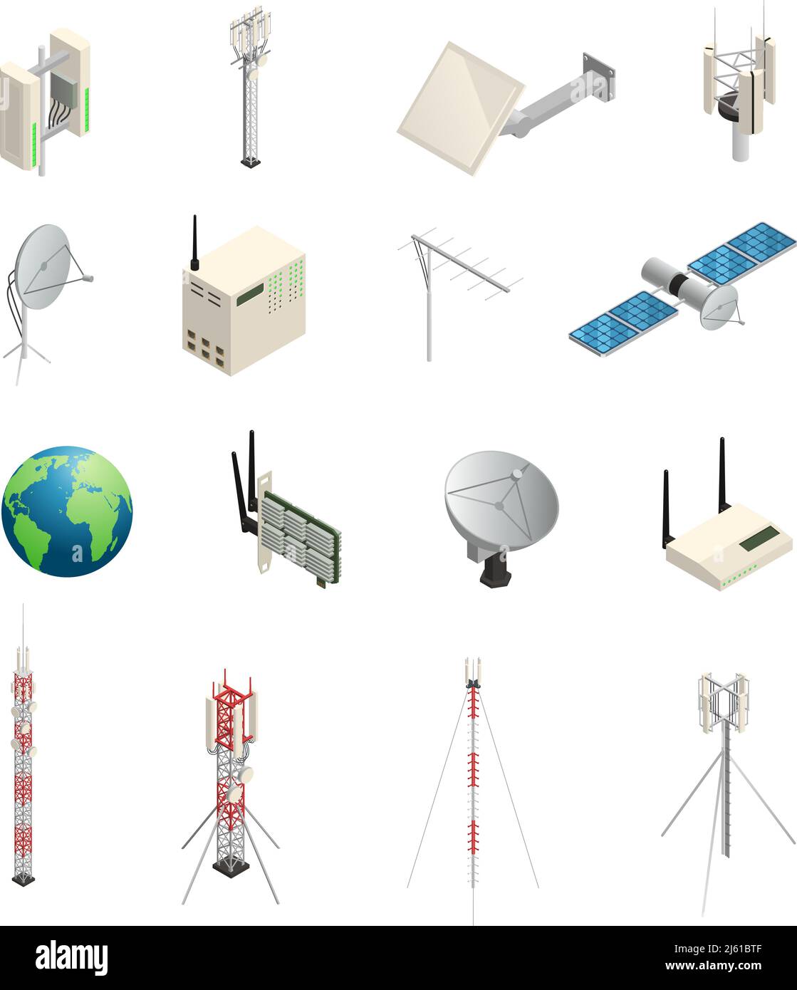 Isometric icons set of wireless communication equipments like towers satellite antennas router ...