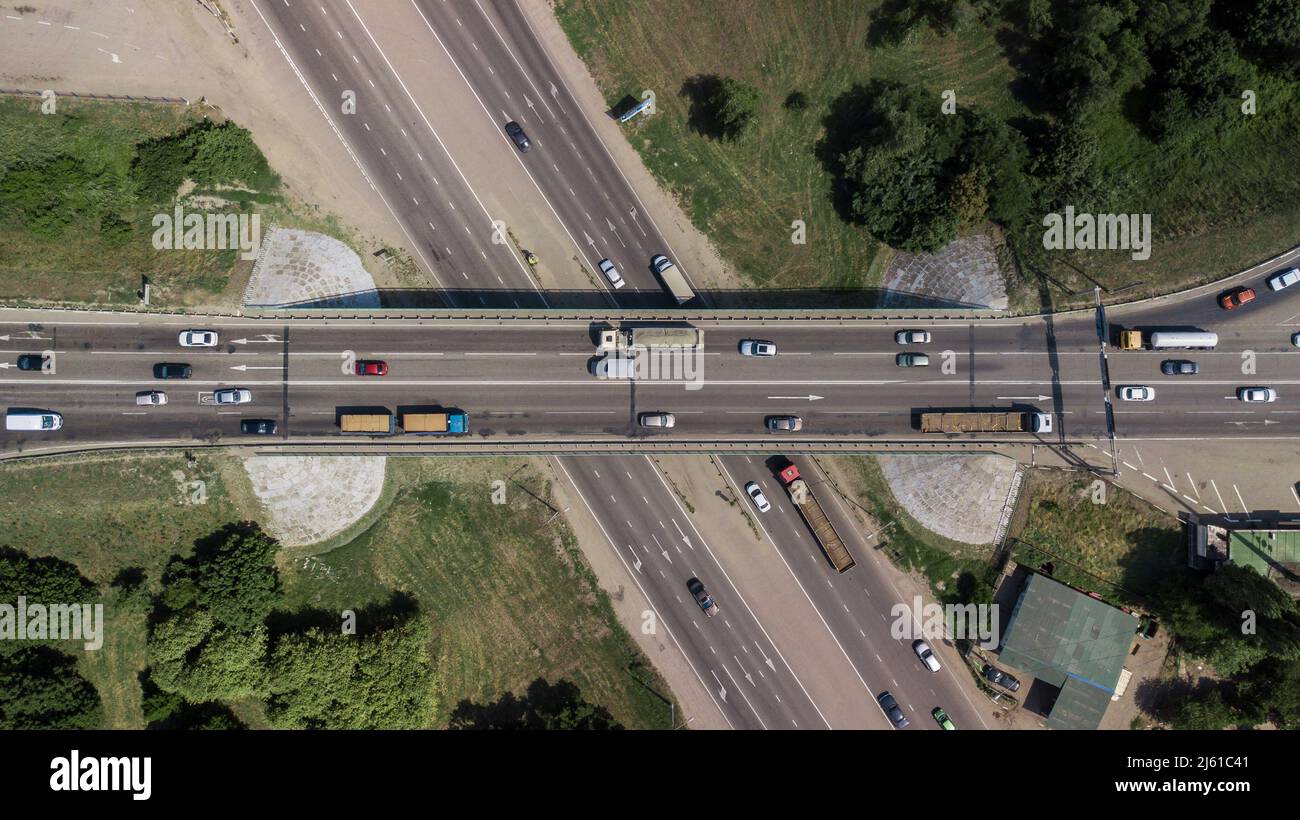 Expressway top view, Road traffic an important infrastructure in Russia ...