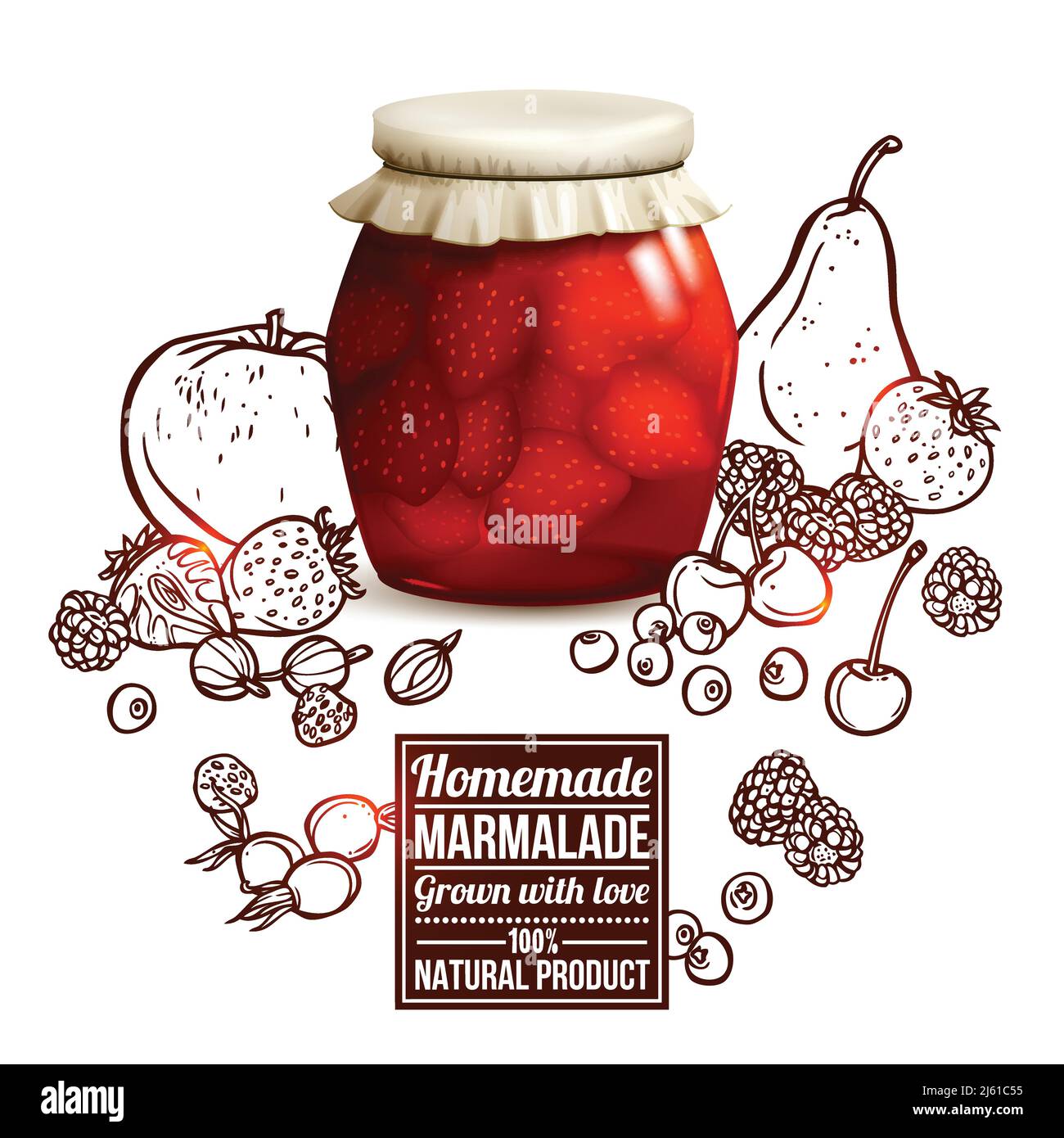 Marmalade jar concept with realistic glass jar and sketch fruits and ...