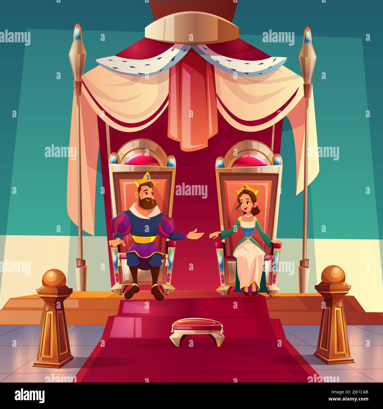 King and queen sitting on thrones in palace. Medieval royal family ...