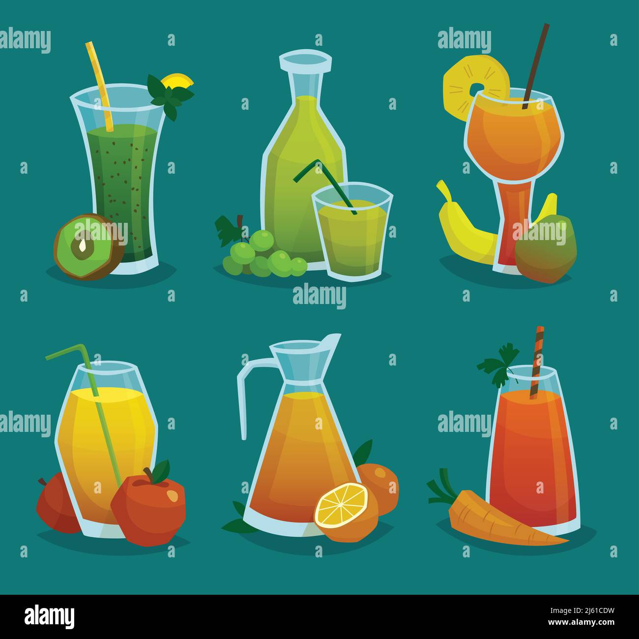 Decorative icons set of pitchers and glasses with fresh juice and ...