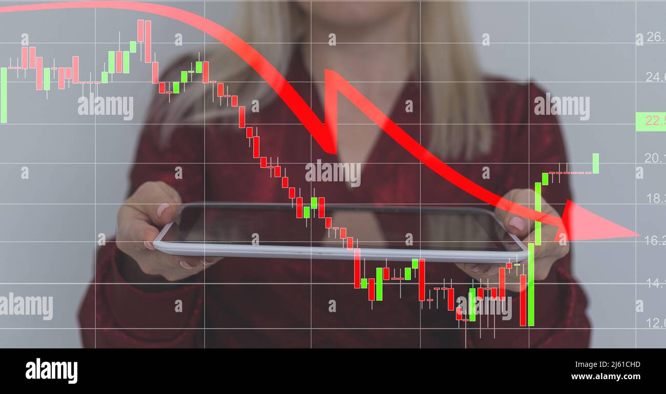 businesswoman standing near virtual screen with stock market changes ...