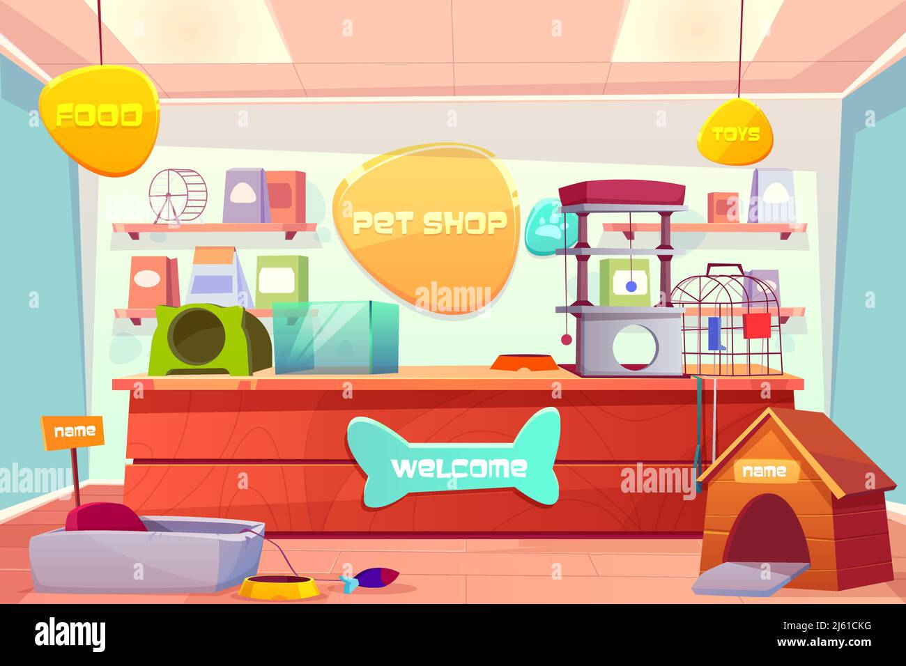 Pet shop interior, domestic animal store with counter desk, accessories ...
