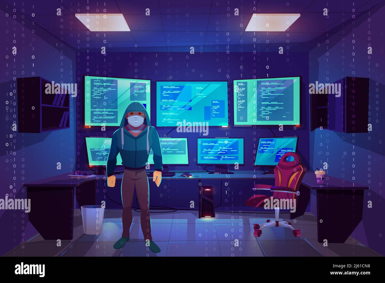 Hacker anonymous in mask in server room with multiple computer monitors displaying secret ...
